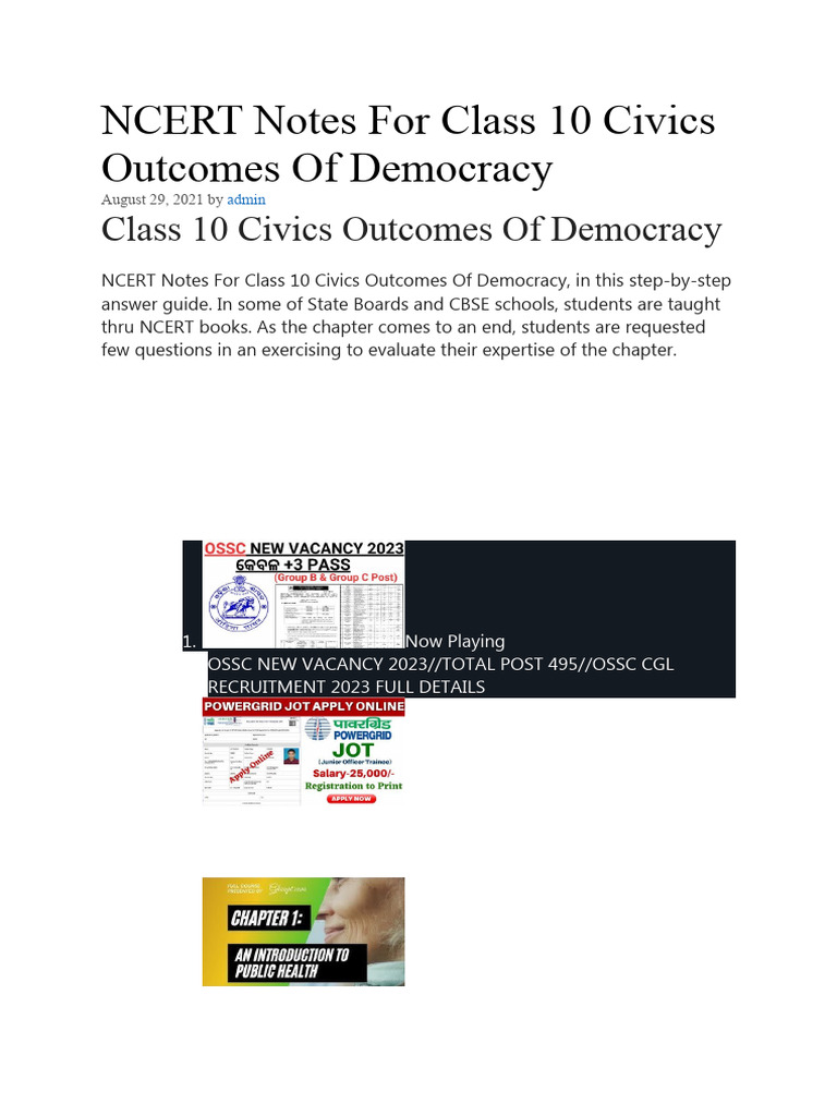 NCERT Notes For Class 10 Civics Outcomes of Democracy | PDF | Democracy ...