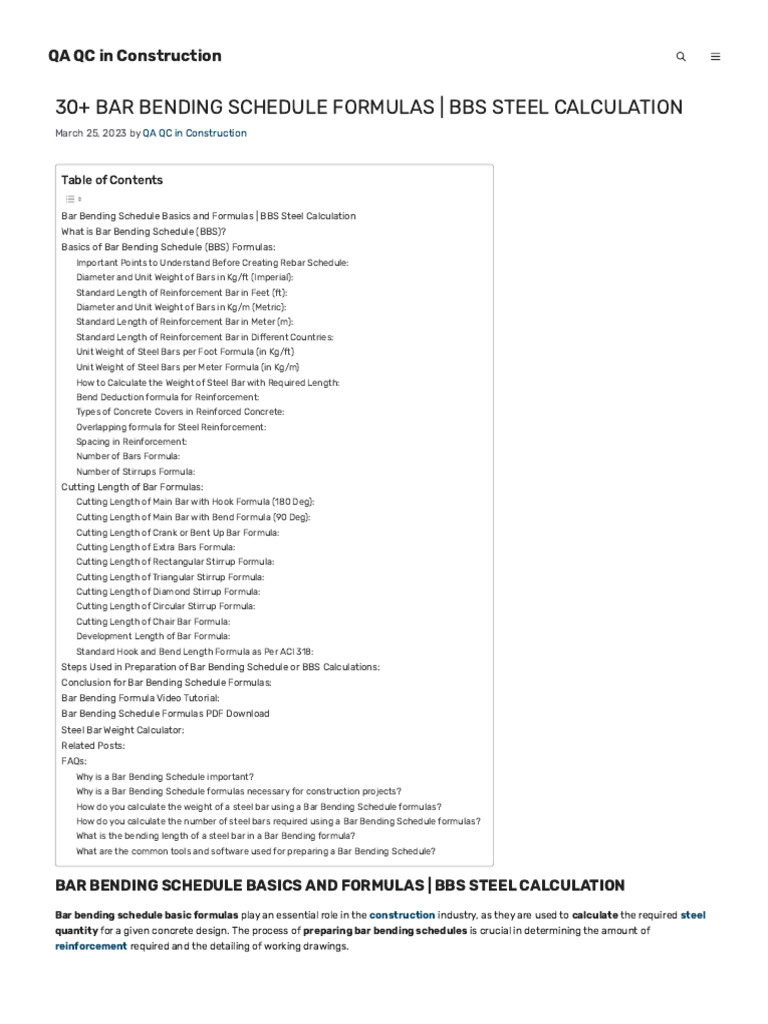 30+ Bar Bending Schedule Formulas - BBS Steel Calculation | PDF | Foot ...