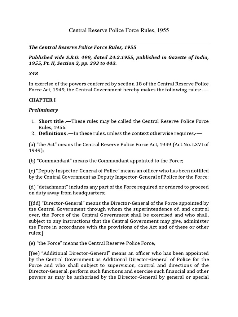 CRPF Rules and Rank Structure, 1955 | PDF | Company (Military Unit ...