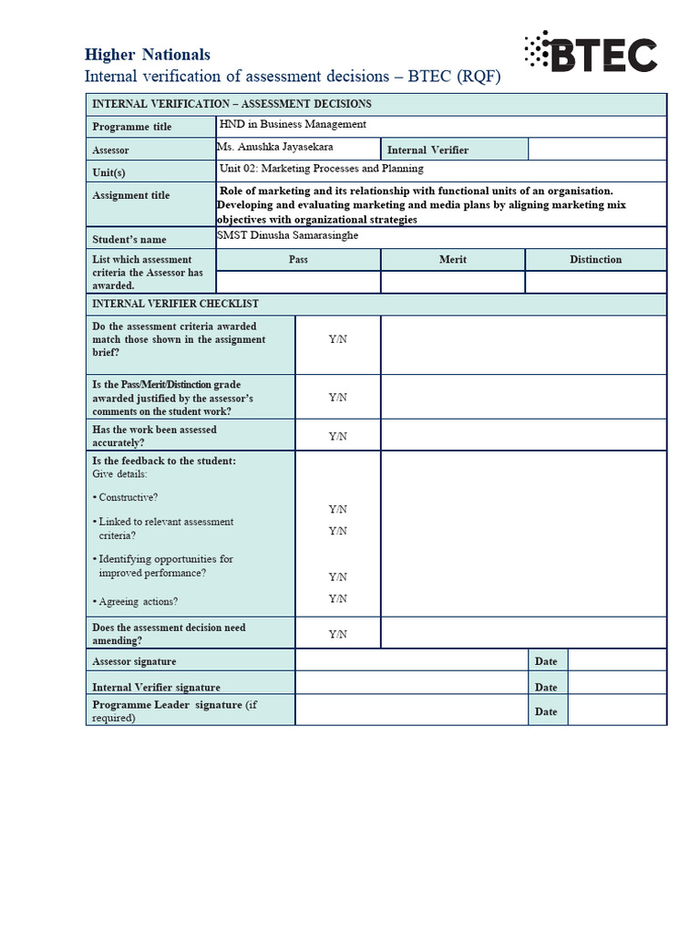 BTEC Assessment Verification Guide | PDF | Retail | Marketing