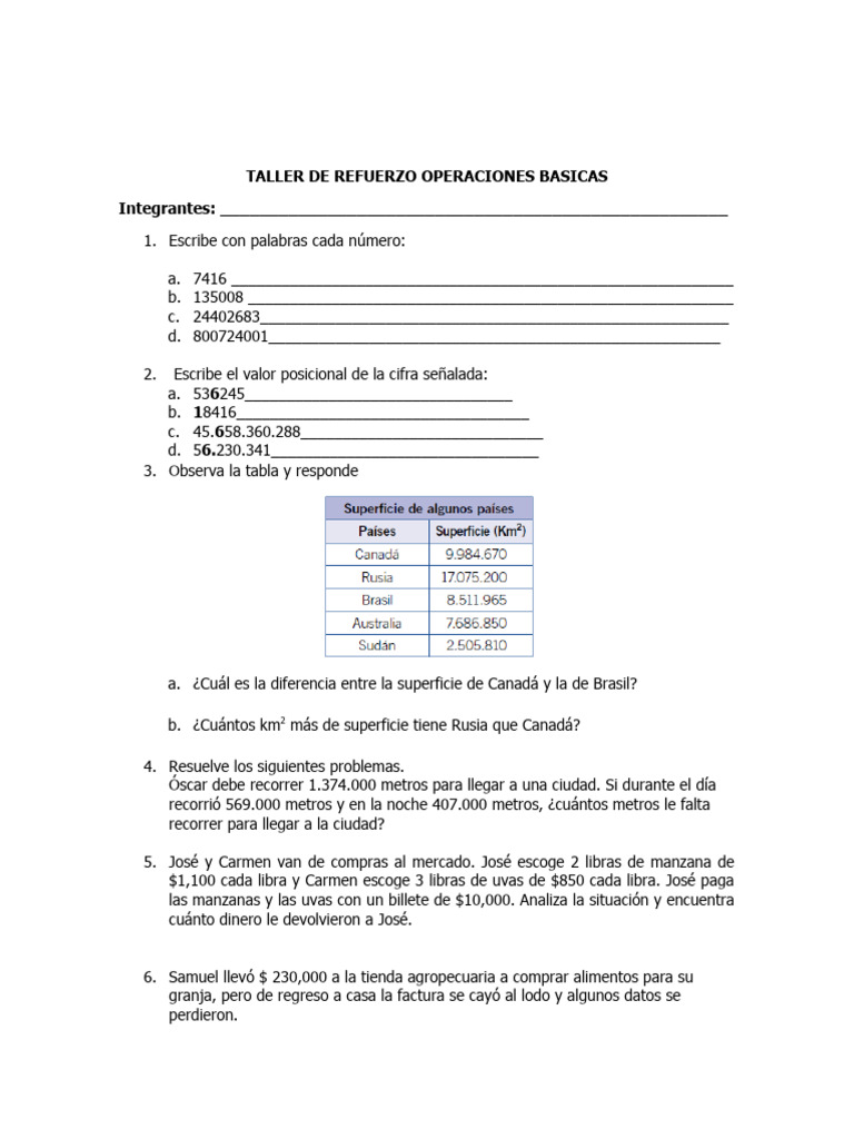 Taller de Refuerzo Operaciones Basicas | PDF