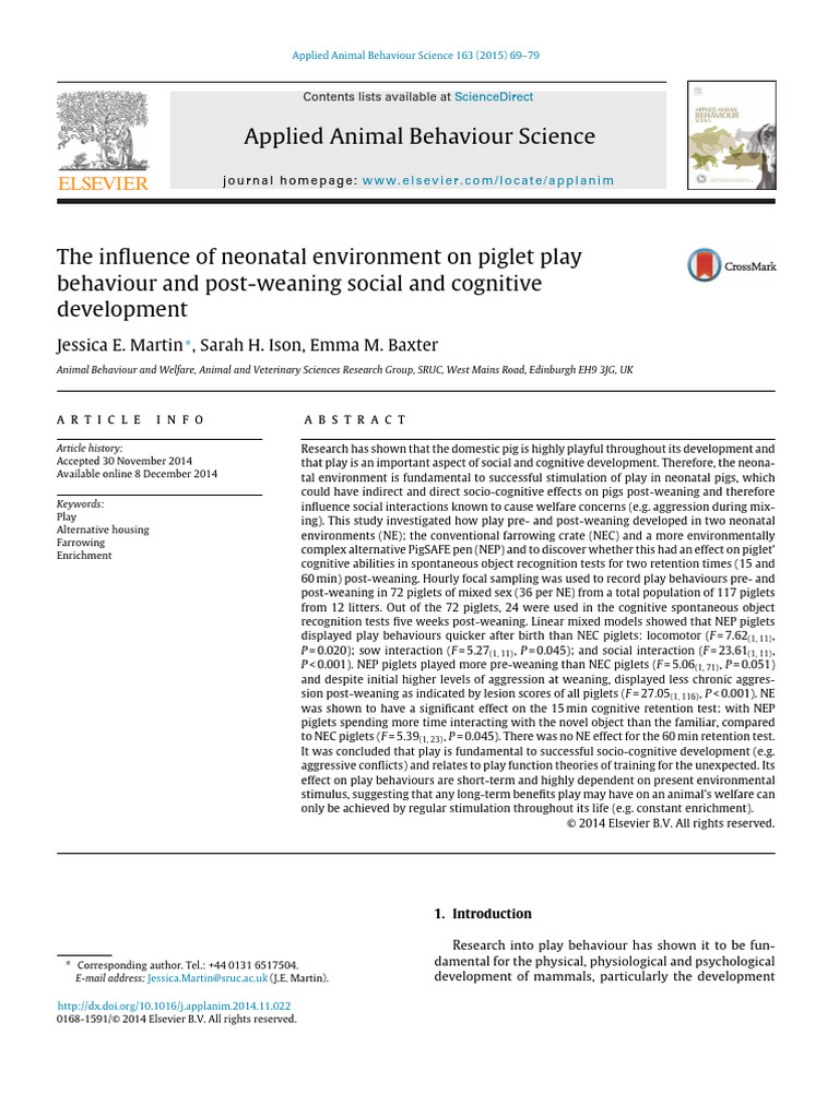 The Influence of Neonatal Environment On Piglet Play Behaviour and Post ...