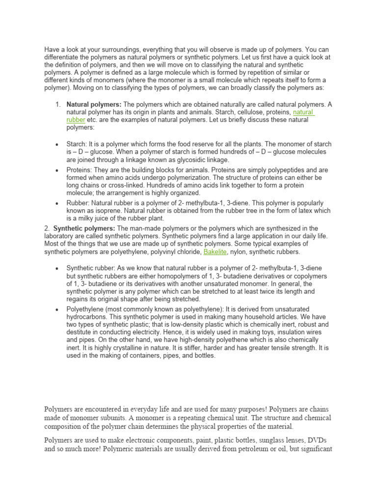 Overview of Natural and Synthetic Polymers | PDF | Polymers | Cross Link
