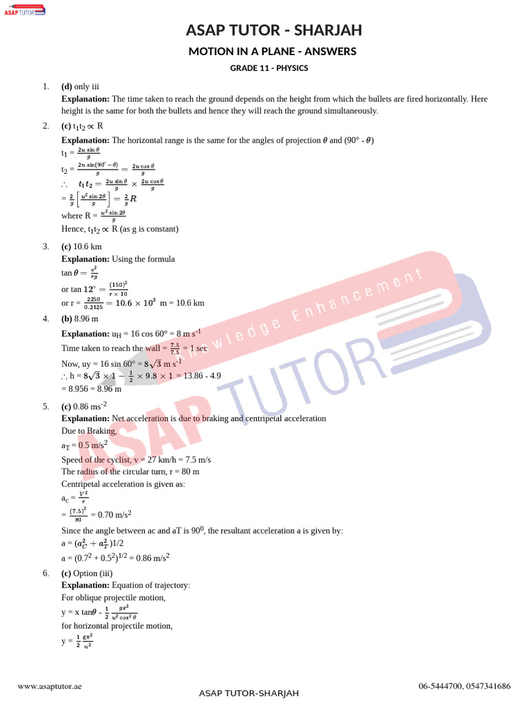 Asaptutor-Motion in A Plane-Ans (Gr11-Physics) | PDF | Acceleration ...