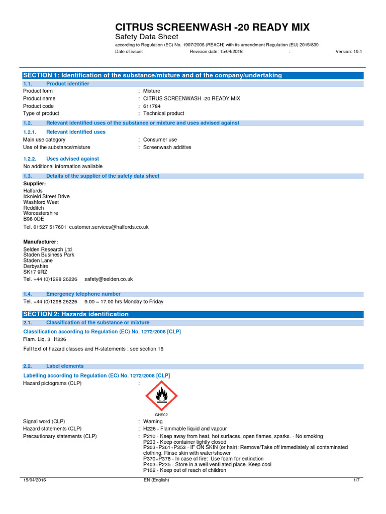 Citrus Screenwash - 20 Ready Mix: Safety Data Sheet | Download Free PDF ...
