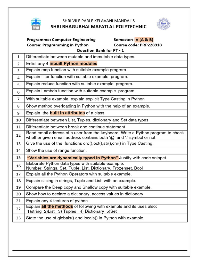 Python QB PT1 | PDF | Computer Engineering | Information Technology