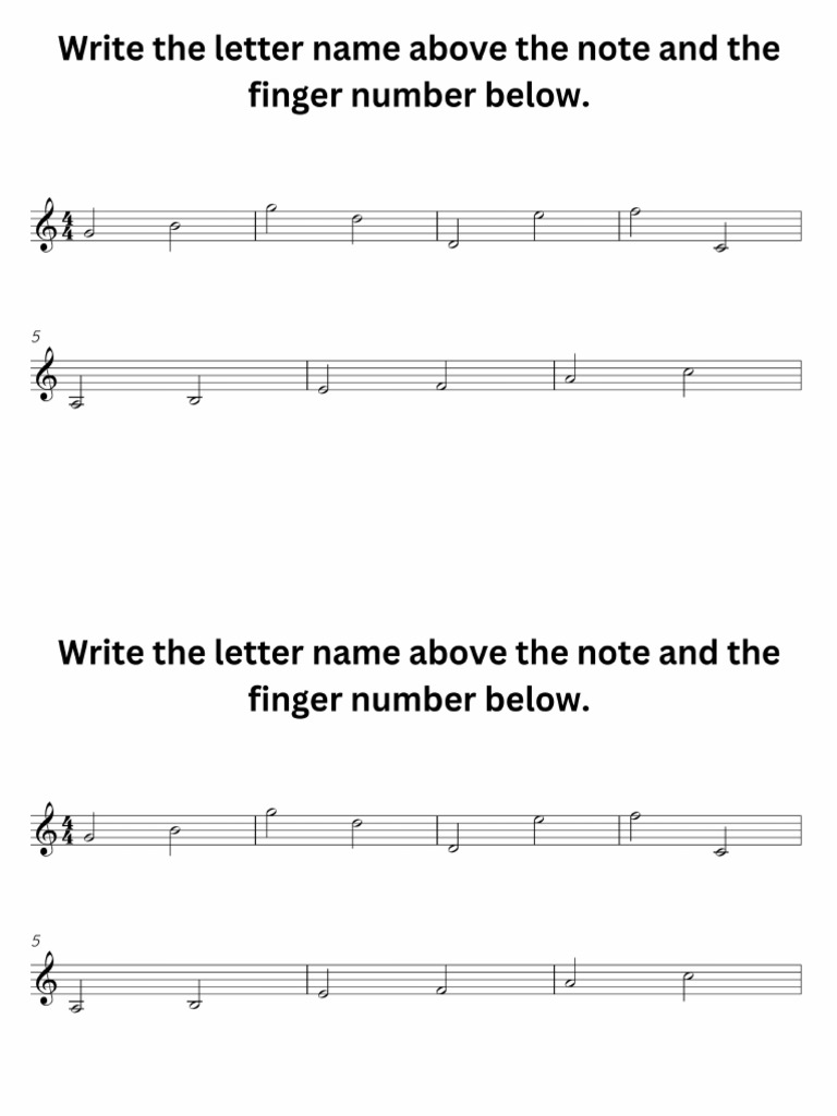 Write The Letter Name Above The Note and The Finger Number Below. | PDF