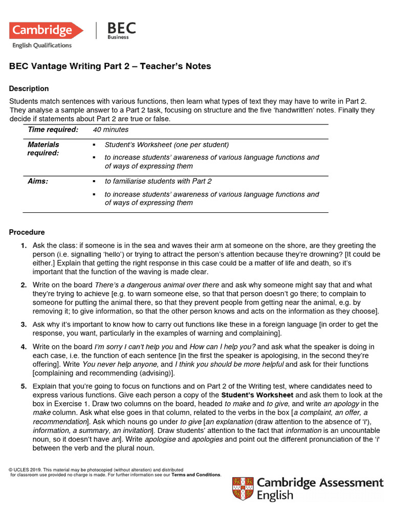 Cambridge English Business Vantage Bec Vantage Writing Part 2 | PDF ...