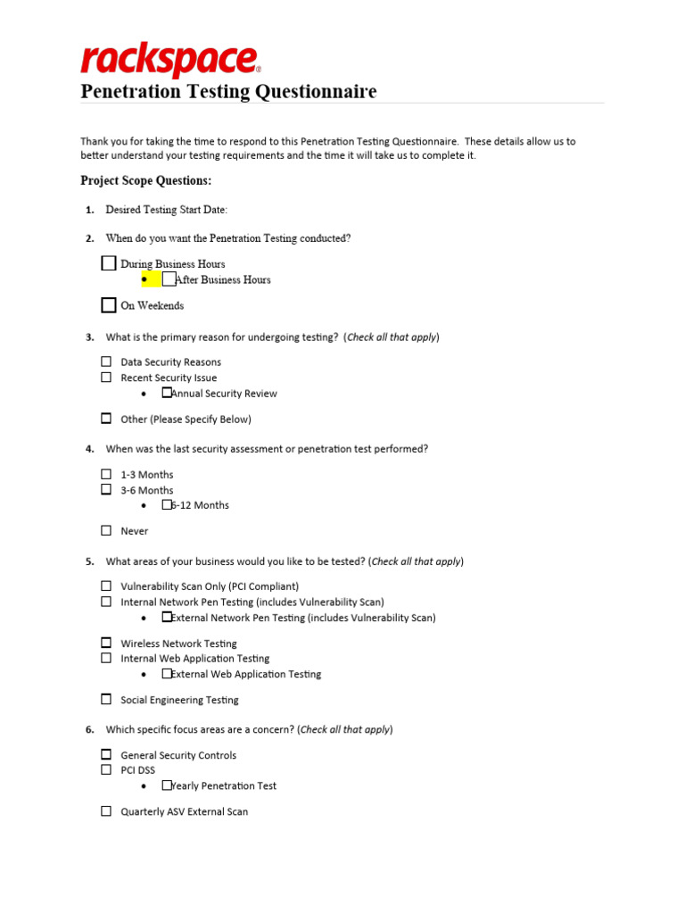 Pen Test Questionnaire | PDF | Penetration Test | Security