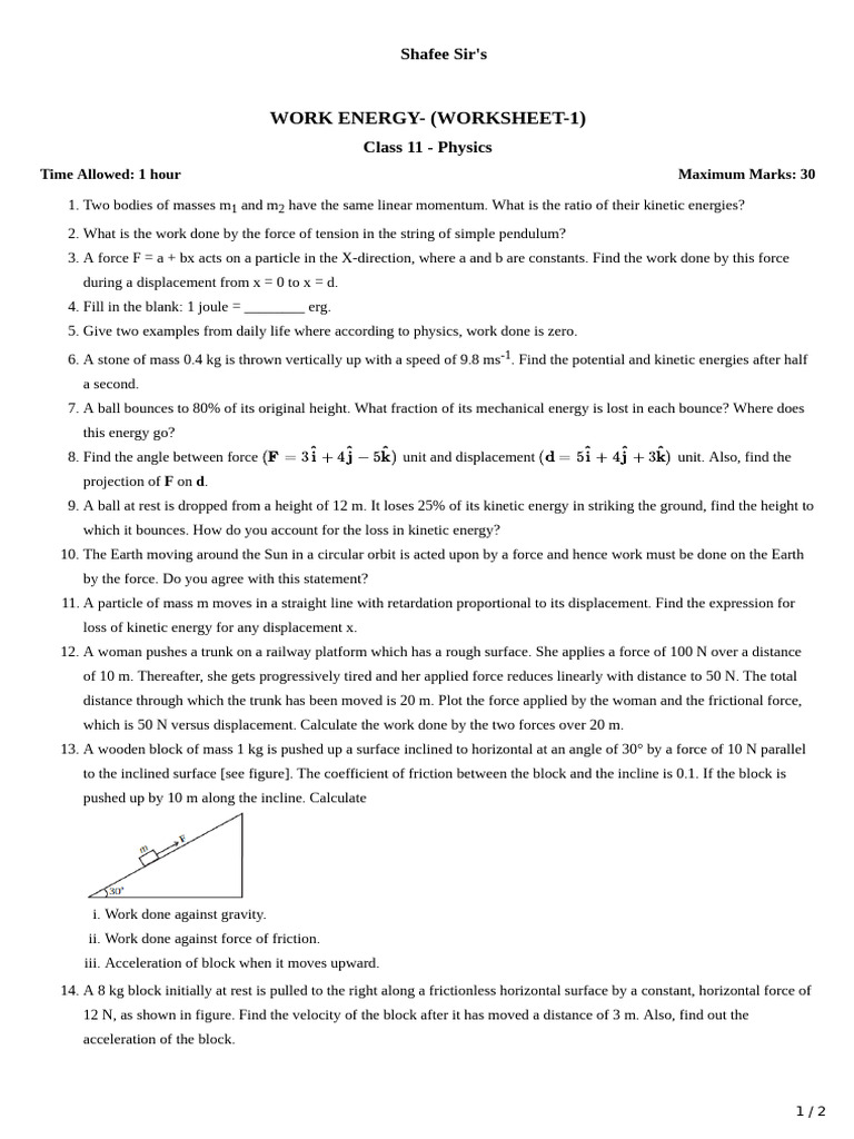 Work Energy (Worksheet - 1) | Download Free PDF | Force | Friction