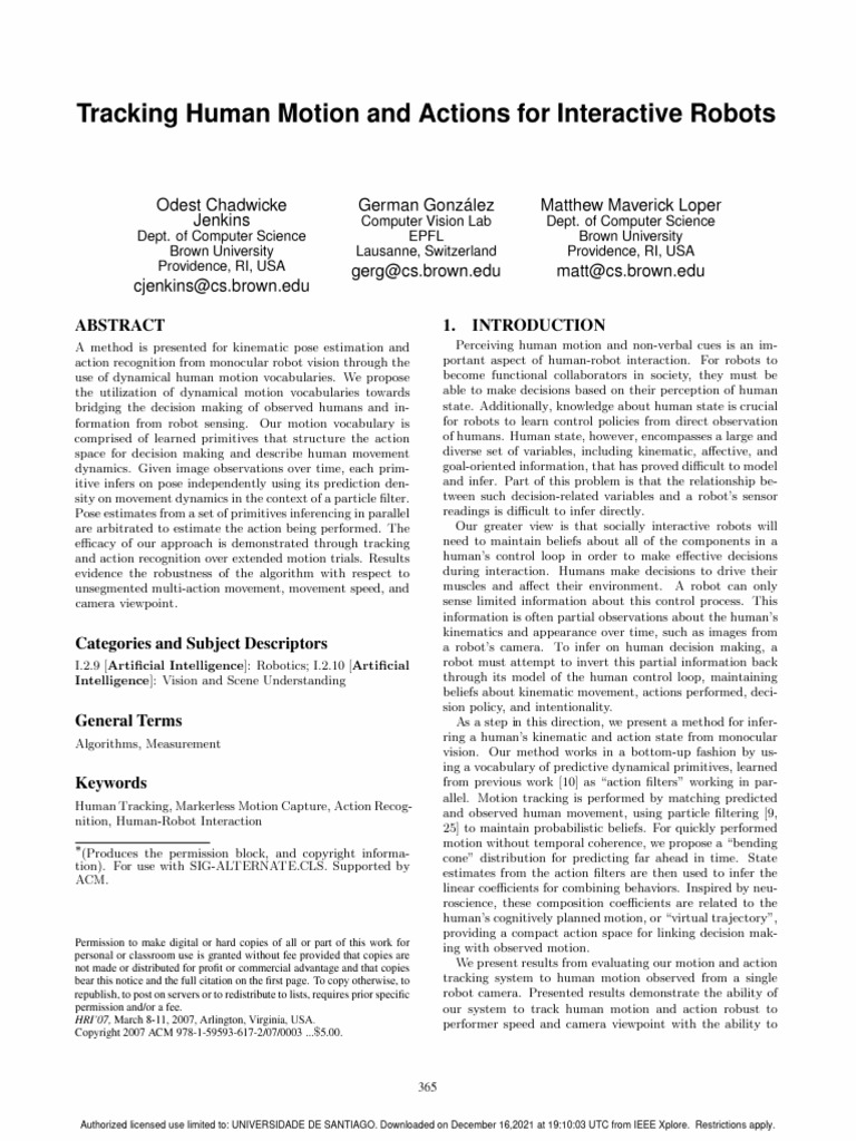 5 Tracking Human Motion and Actions For Interactive Robots | Download Free PDF | Computer Vision ...