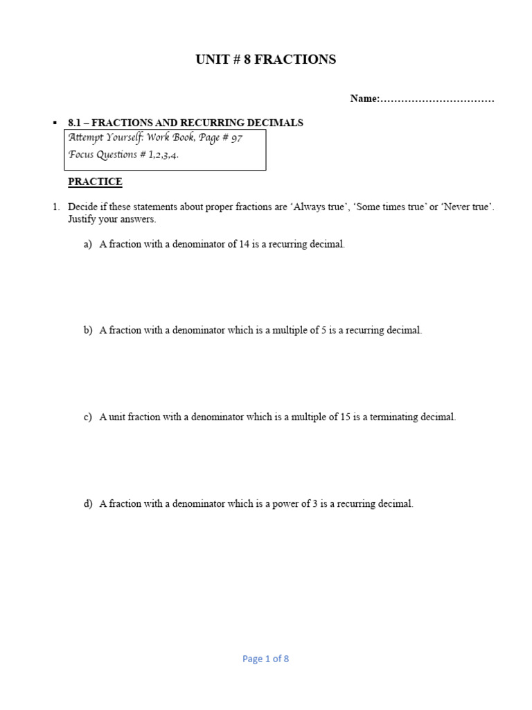 Grade 8 Fractions Practice Workbook | PDF | Decimal | Elementary ...