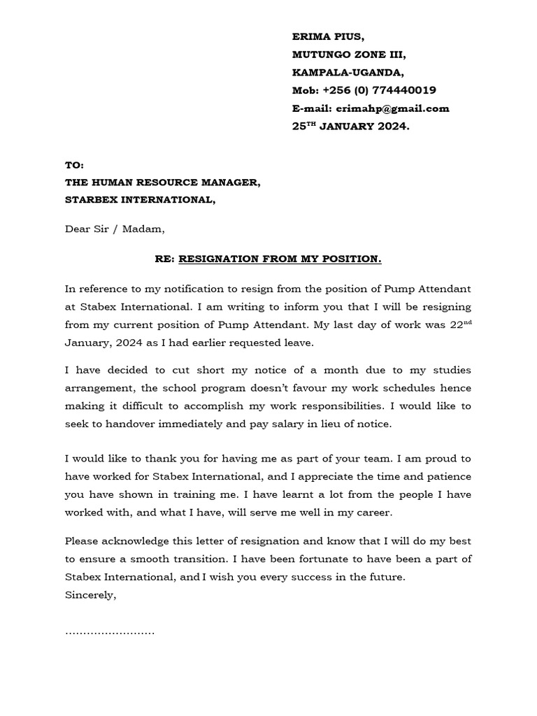 Pump Attendant Resignation Letter | PDF