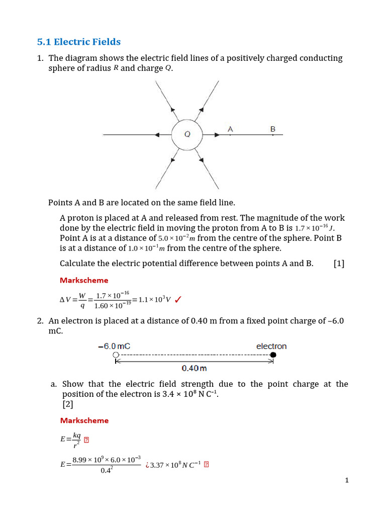 Topic 5.1 Electric Field - Paper II 2020 - Key | PDF | Electron ...