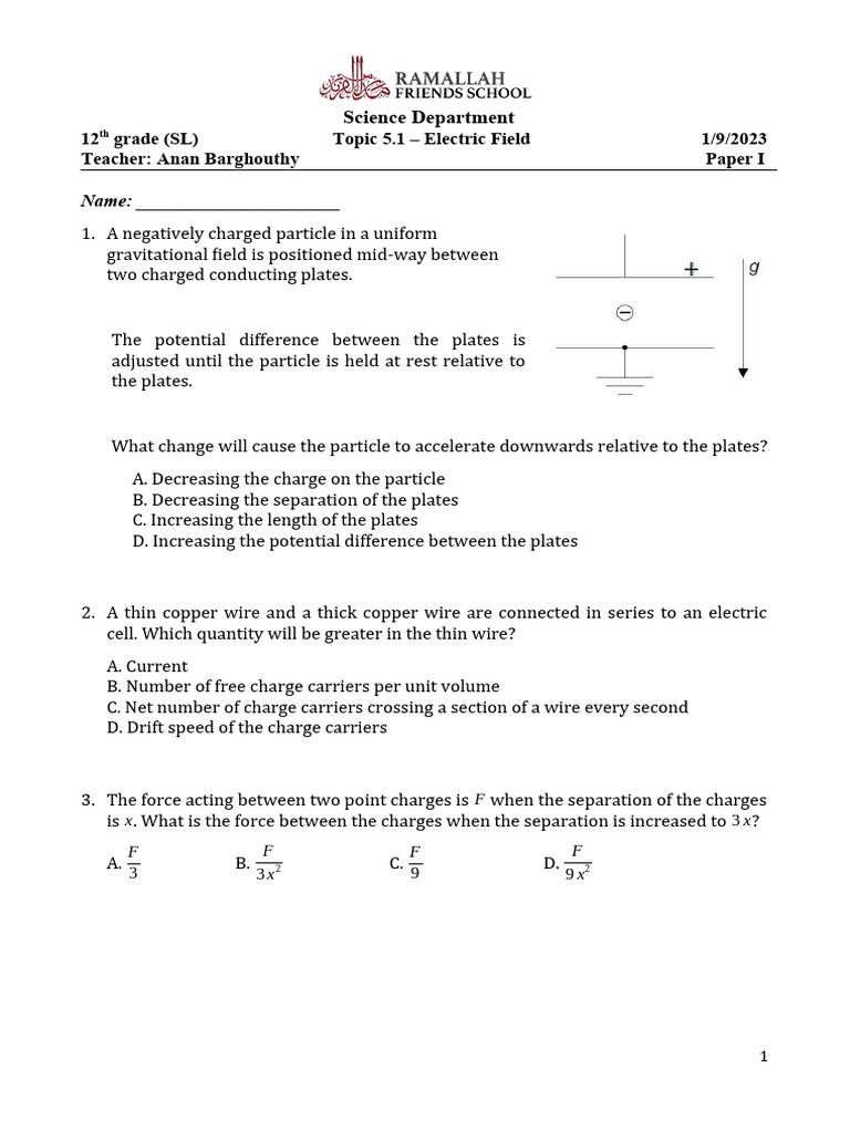 Topic 5.1 Electric Field - Paper I 2019 | PDF | Electronvolt | Applied And Interdisciplinary Physics
