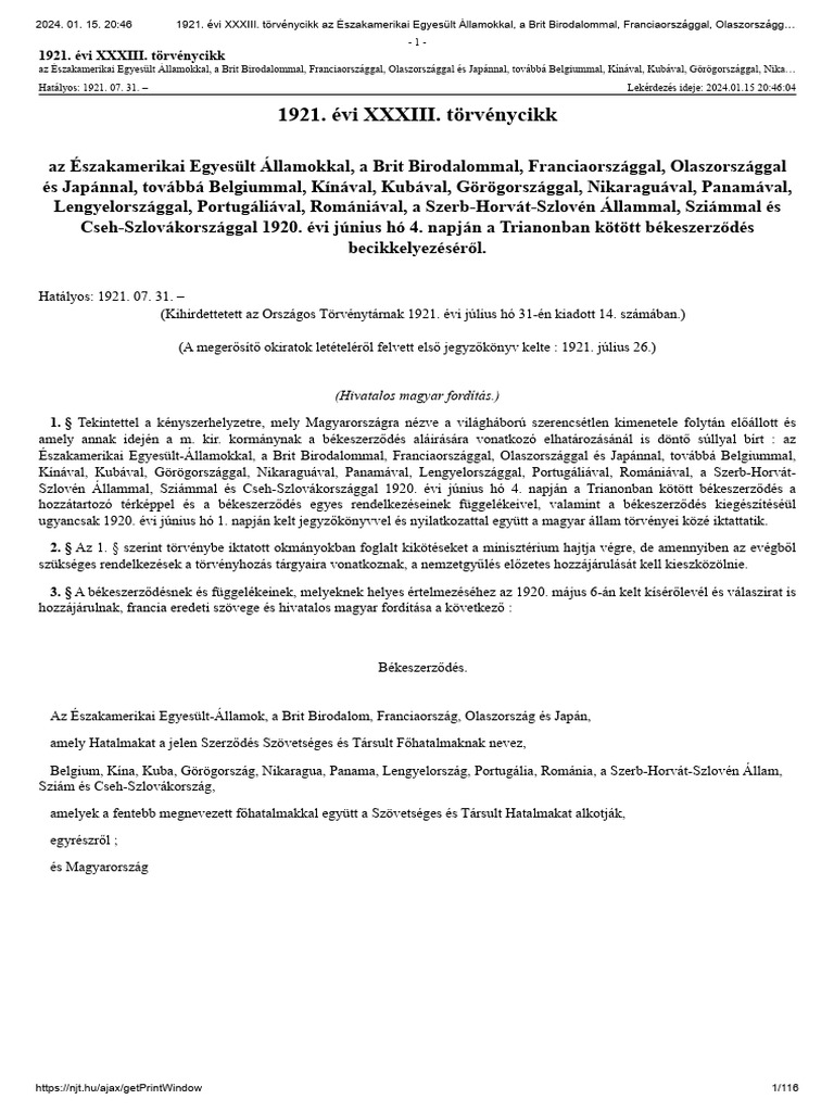 Évi XXXIII. Törvénycikk (Trianoni Szezrződés) | PDF
