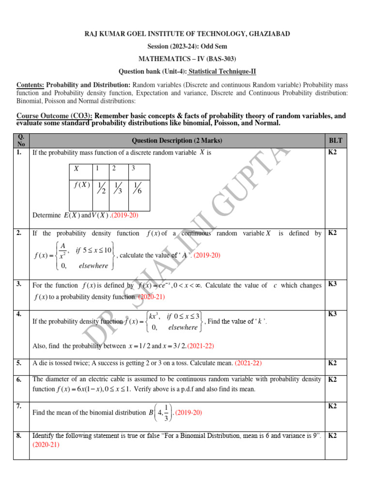 Question Bank Unit | PDF | Probability Distribution | Variance