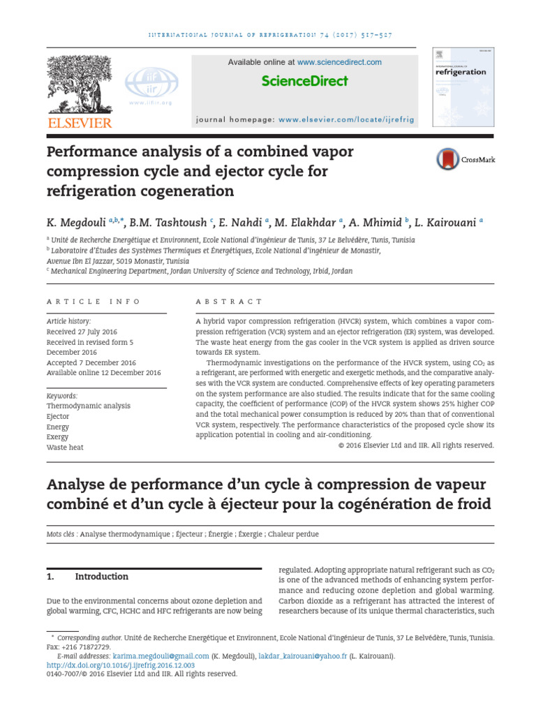 Performance Analysis Of A Combined Vapor Compression Cycle And Ejector