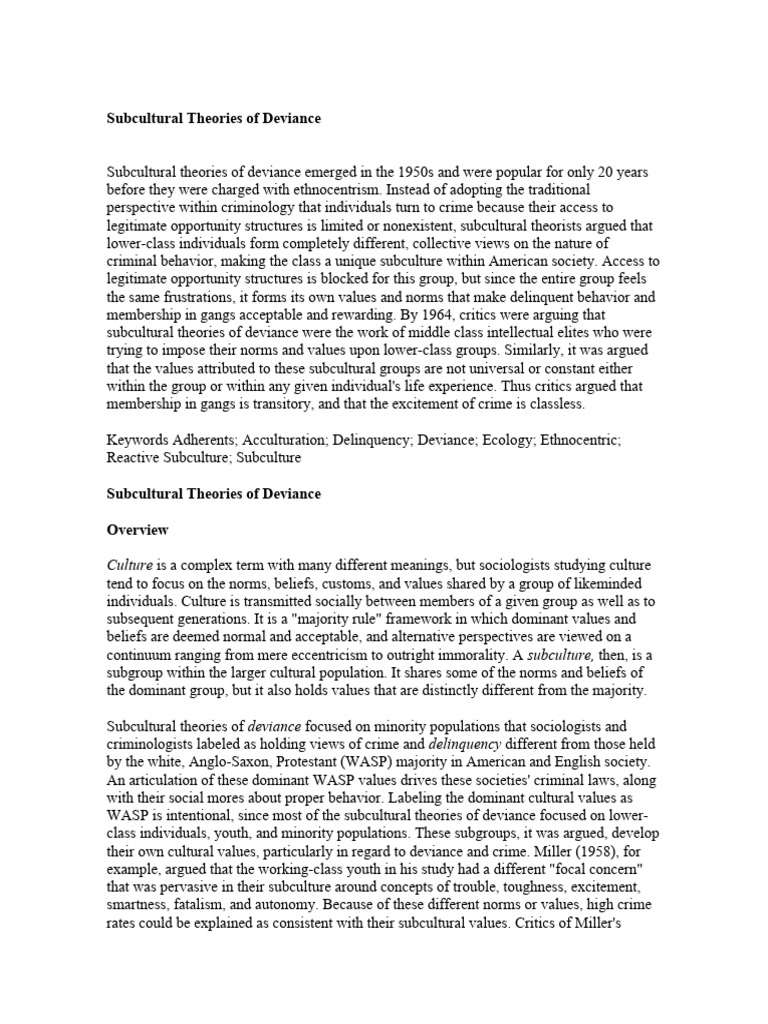 Subcultural Theories of Deviance | PDF | Politics | Social Science