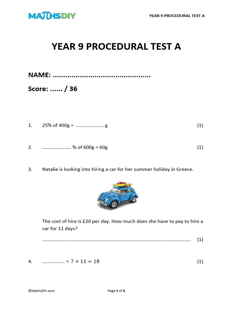 Year 9 Procedural Test A | PDF | Speed | Mathematics