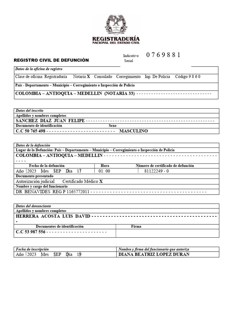 Modelo REGISTRO CIVIL DE DEFUNCIÓN Colombia | PDF
