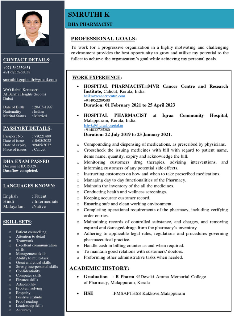 Smruthi K - Resume | PDF | Pharmacy | Pharmaceutical Sciences