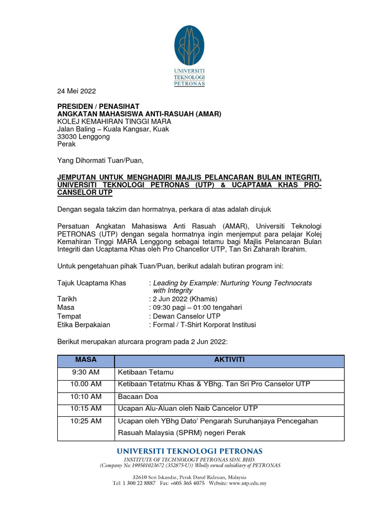 Surat Jemputan Ke Program UTP - KKTM Lenggong | PDF