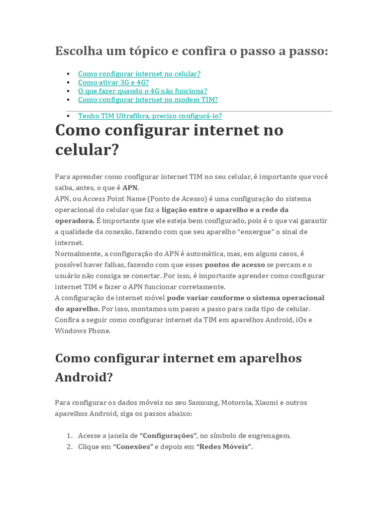 Como Configurar Internet TIM 3G e 4G | PDF | Rede celular | 3G