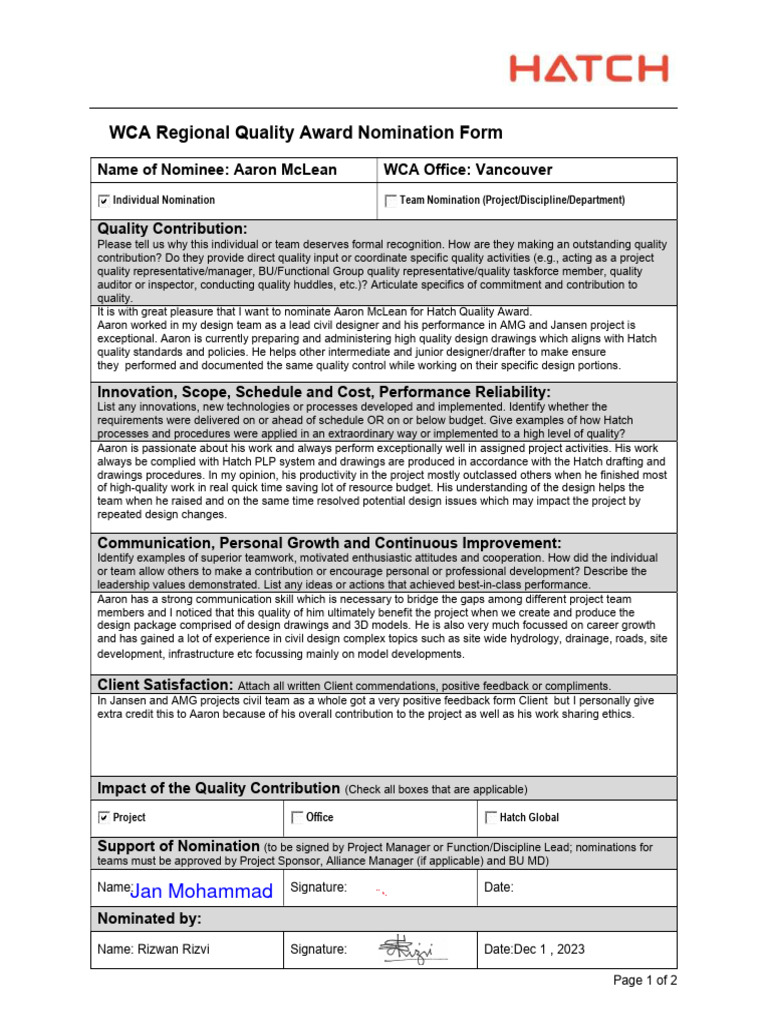 WCA Quality Award Aaron - RR | PDF | Business