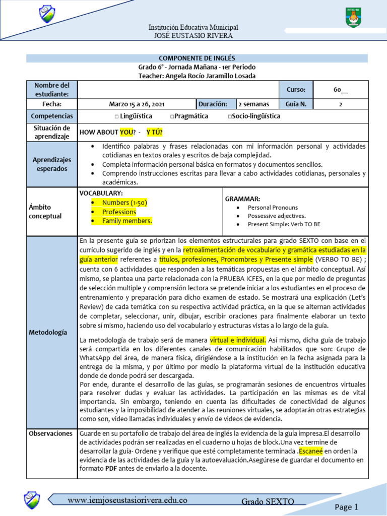 Guía 2 Inglés 1P-601-602-603 | PDF | Oración (Lingüística ...