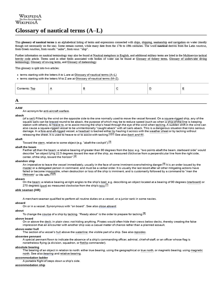 Glossary of Nautical Terms (A-L) | PDF | Anchor | Mast (Sailing)