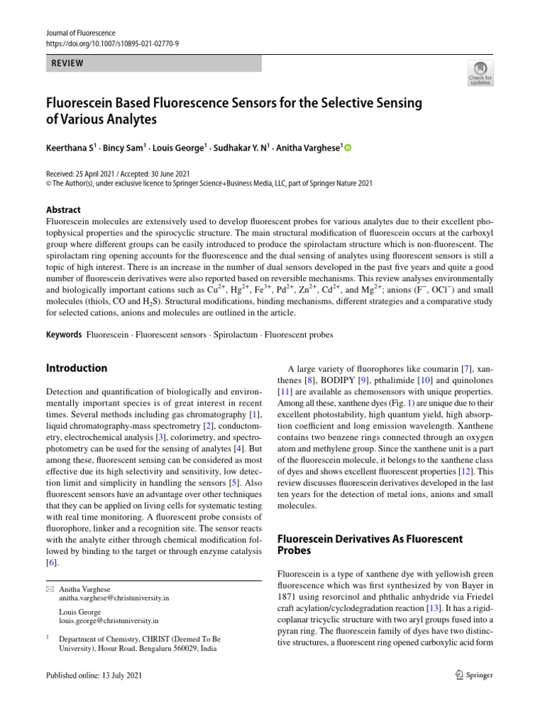 Fluorescein Based Fluorescence Sensors For The Selective Sensing of ...