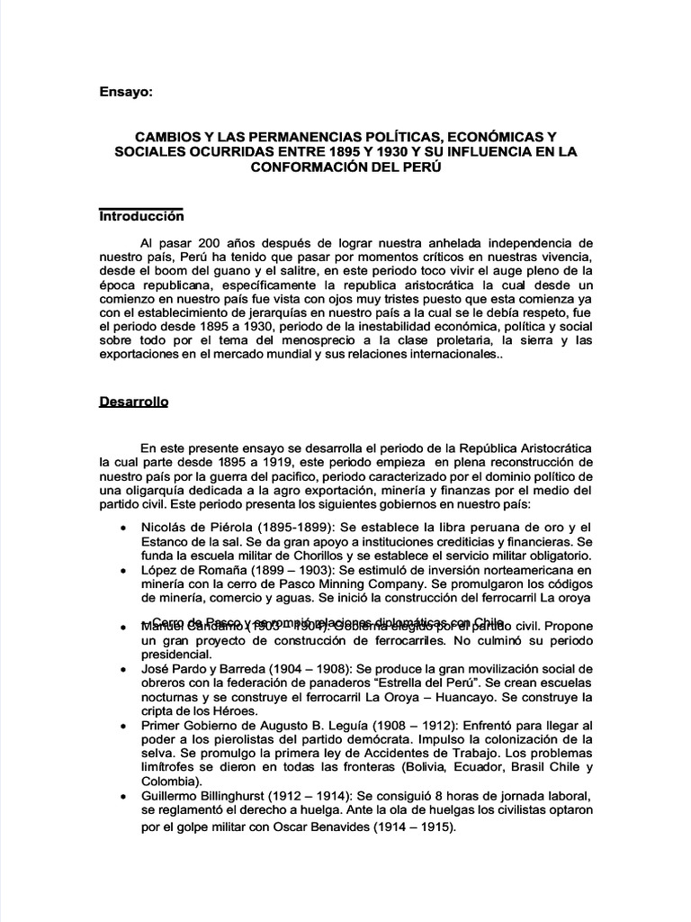 PDF Ensayo Cambios y Las Permanencias Politicas Economicas y Sociales 1895 Compress | PDF | Perú ...