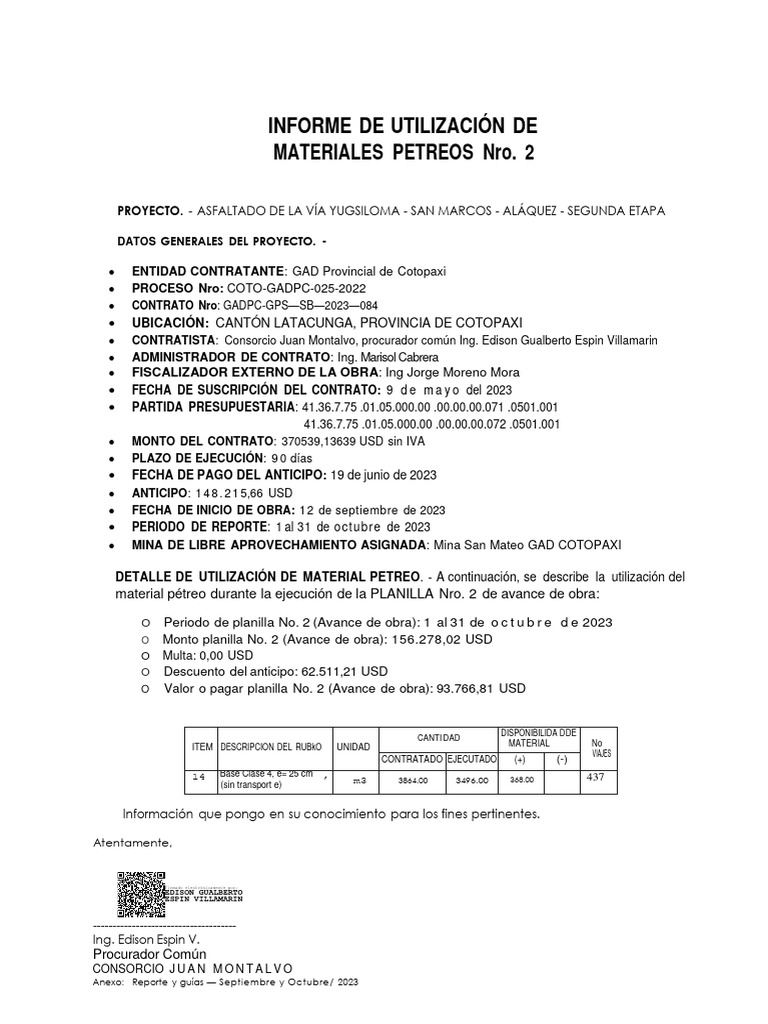 18 Informe de Uso Materiales No 2 Registro Entrada y Salida Volquetas Tickets-Signed-Signed | PDF