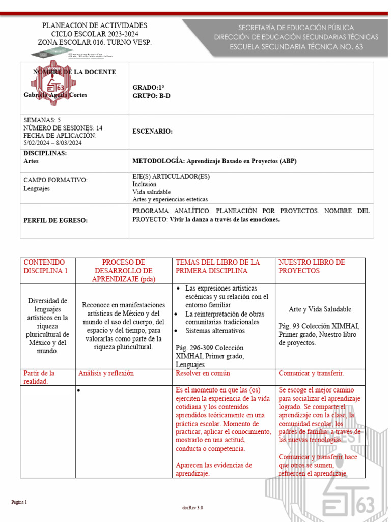 Formato de Planeación Didáctica Por Proy. | PDF | Bailes | Las emociones