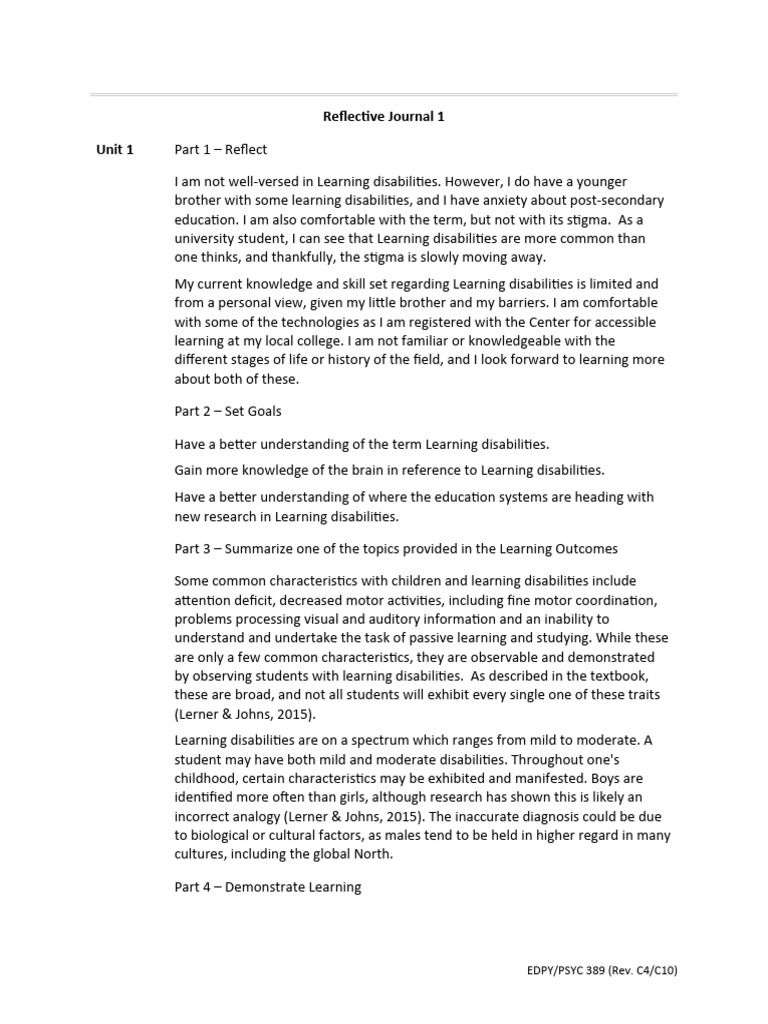 Edpy Psyc 389 Reflective Journal 1 Template | PDF | Learning Disability | Learning