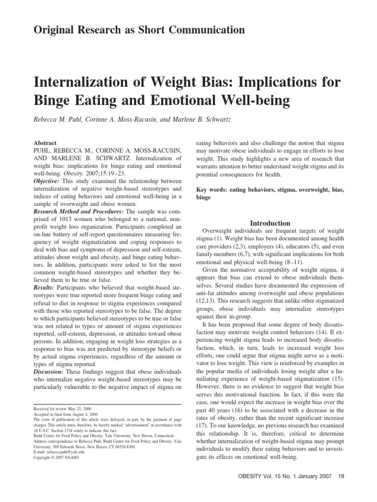Puhl Et Al (2007) Internalization of Weight Bias Binge Eating Wellbeing ...