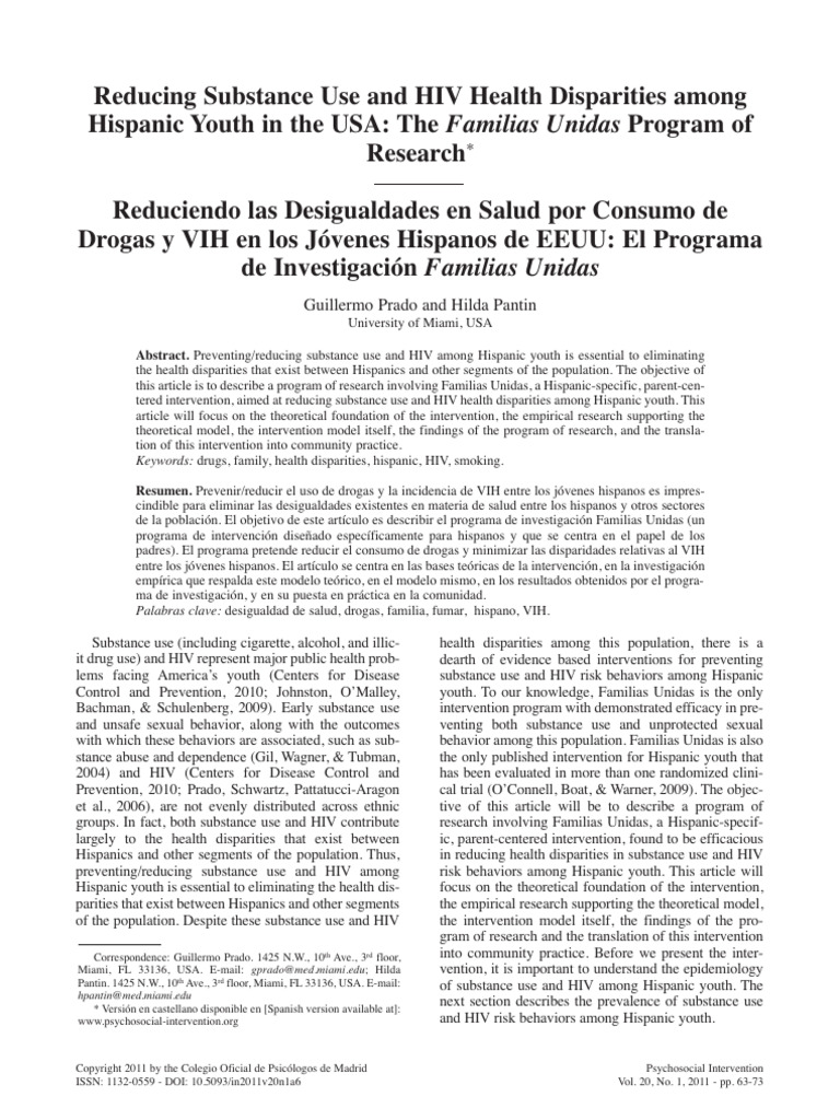 Prado Reducing Substance Use and HIV Health Disparities | PDF