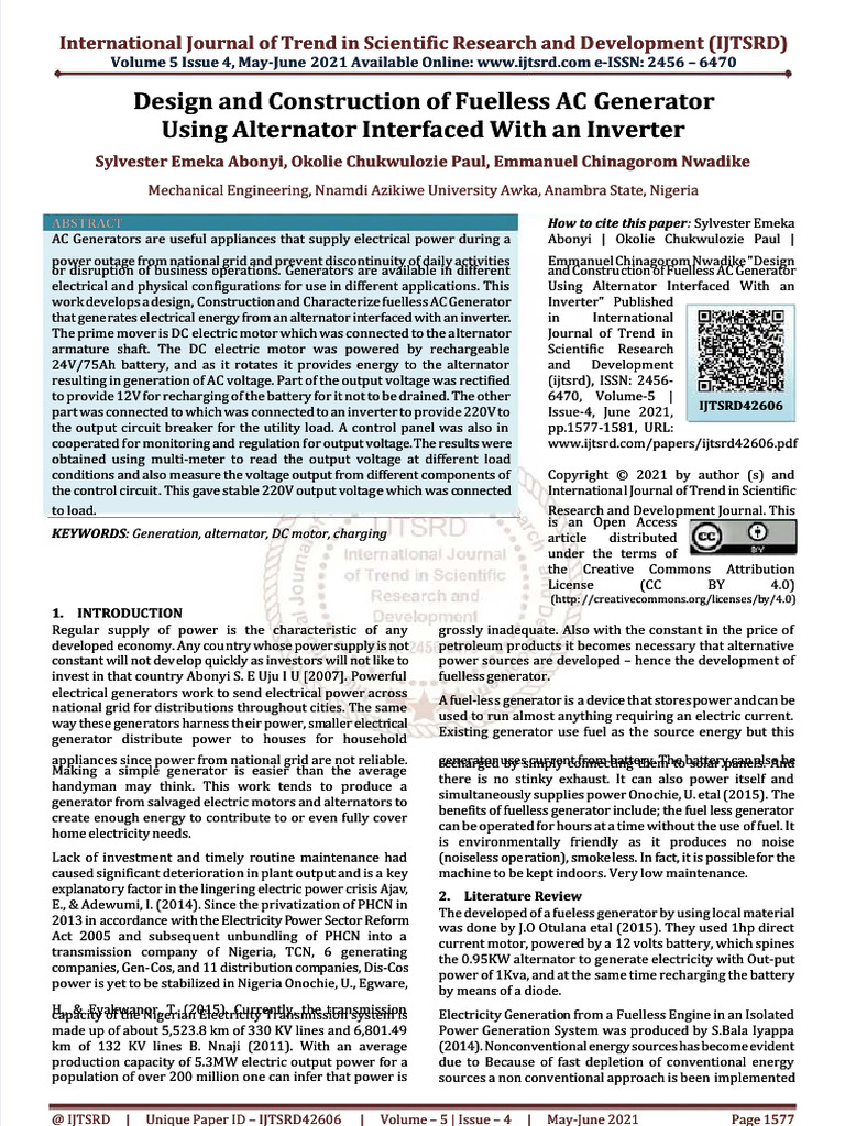 Design and Construction of Fuelless Ac Generator Using Alternator Interfaced With An Inverter ...