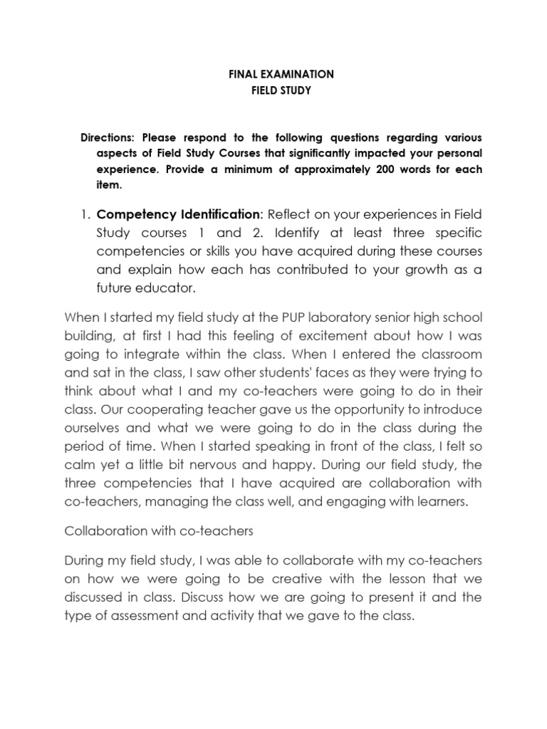 Verdejo - Field Studies Final Exam | PDF | Teachers | Learning