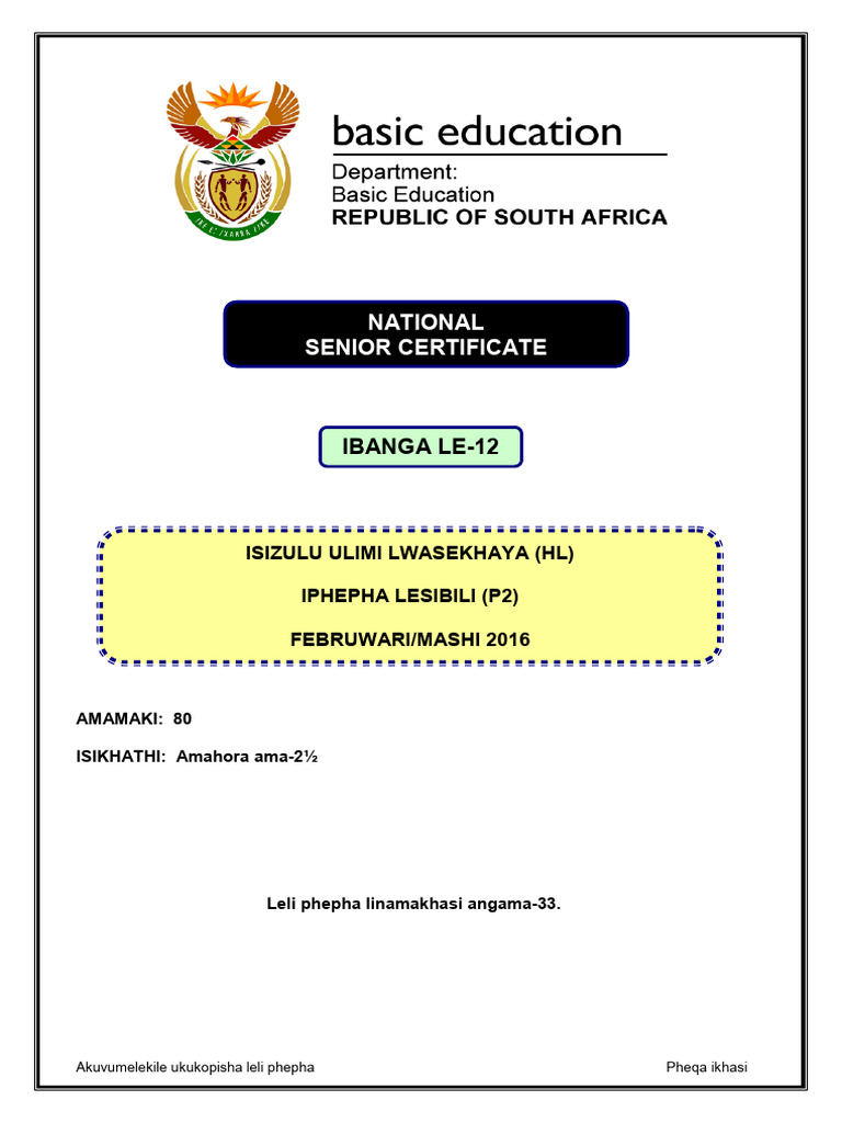 IsiZulu HL P2 Feb-March 2016 | PDF | Languages Of Africa | Languages