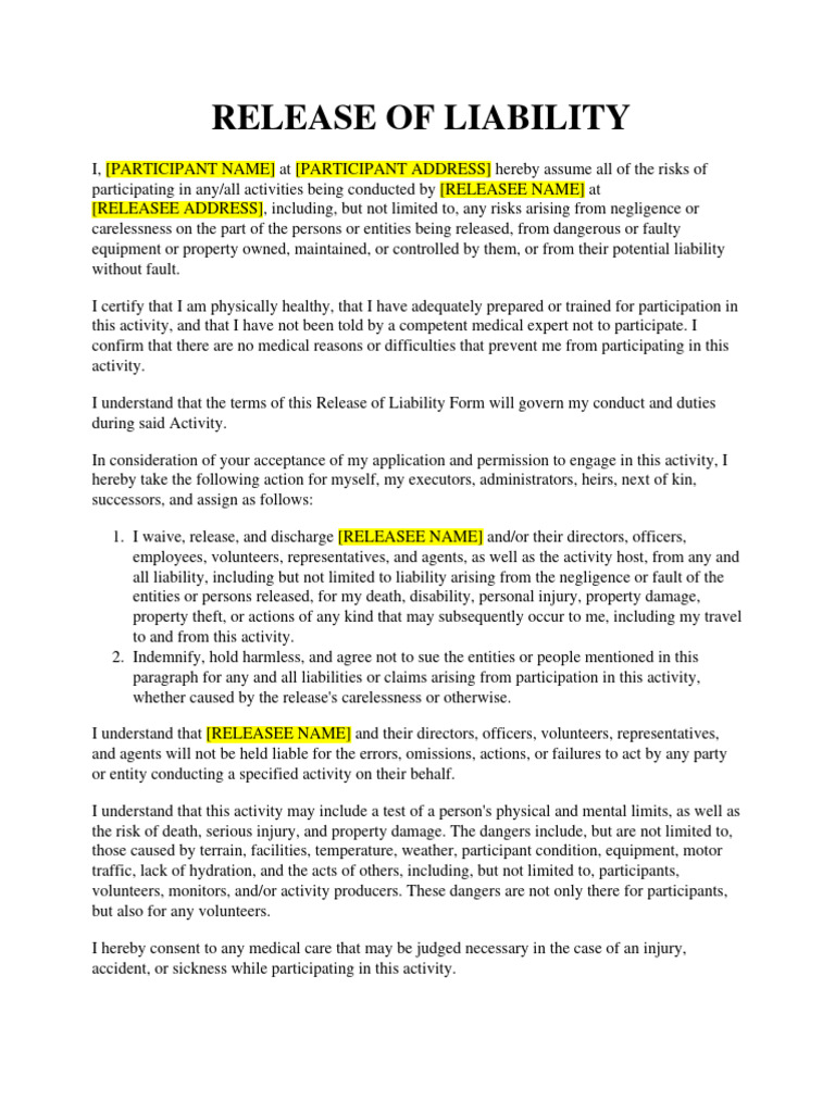 Release of Liability Form | PDF | Legal Liability | Indemnity