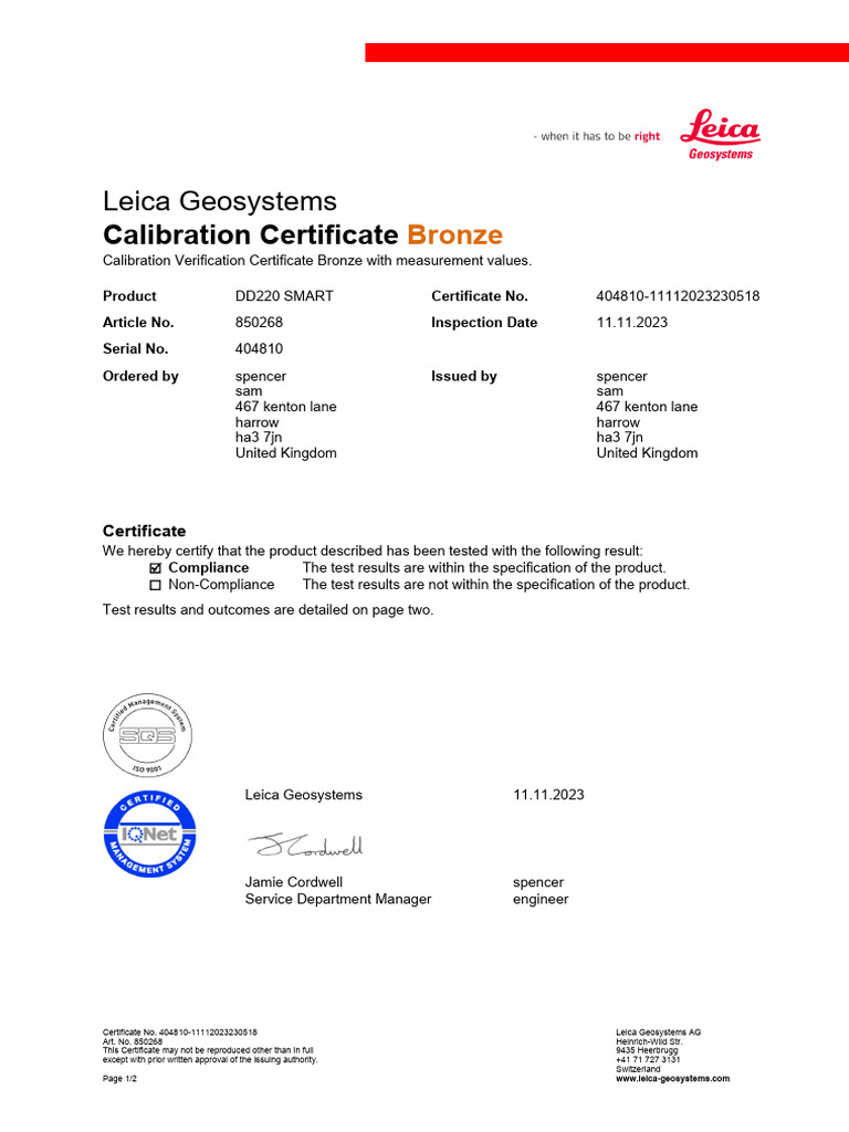 Leica Geosystems: Calibration Certificate | PDF | Calibration
