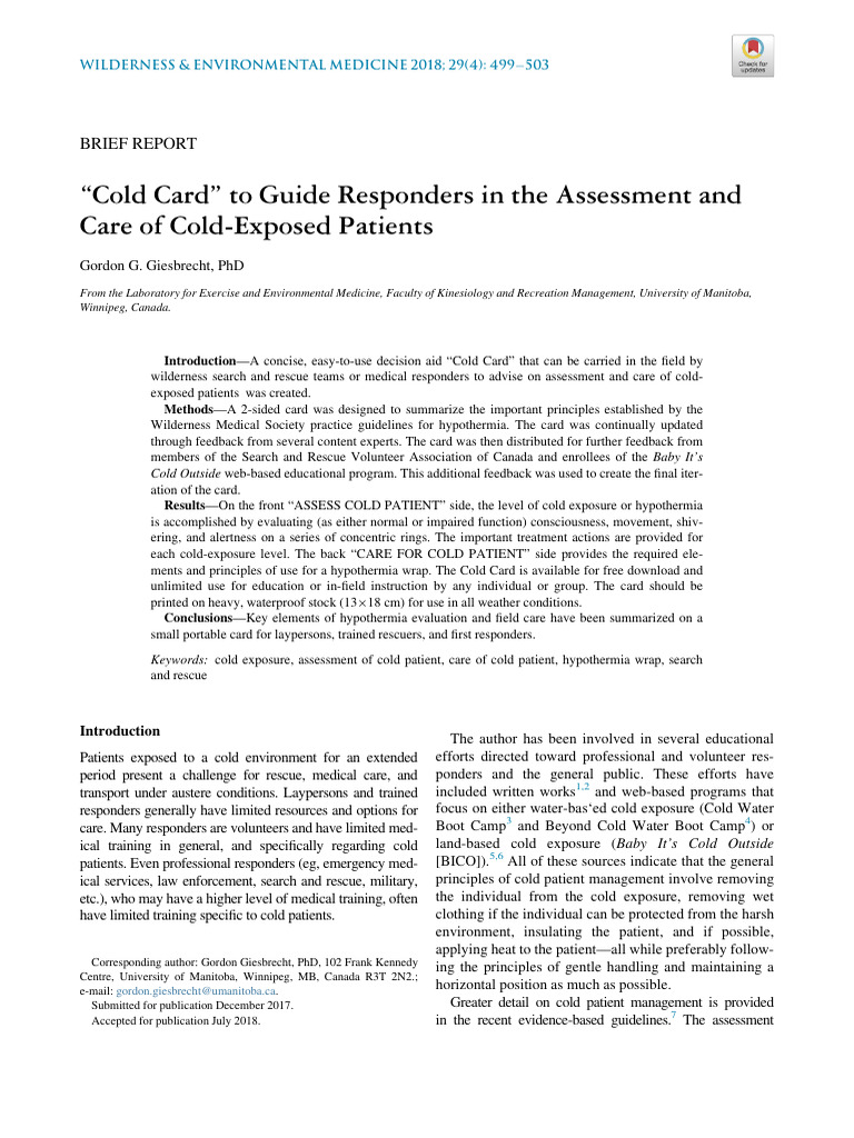 Cold Card Wilderness Medicine | PDF | Hypothermia