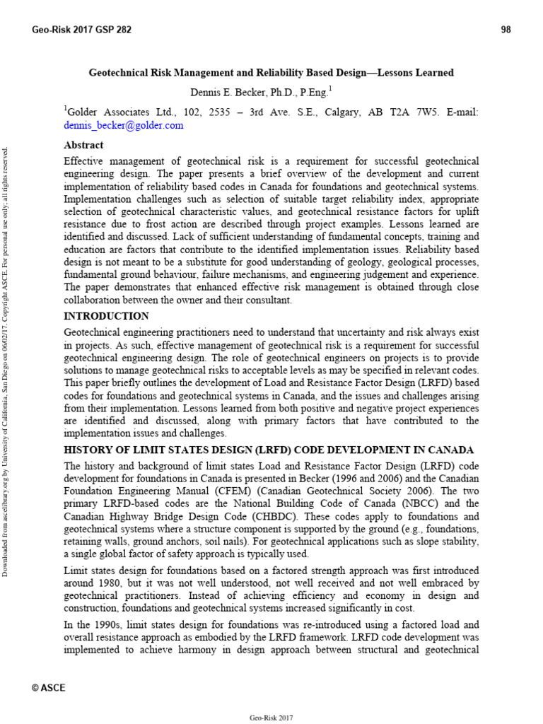 Geotechnical Risk Management and Reliability Based Design-Lessons Learned | PDF | Geotechnical ...