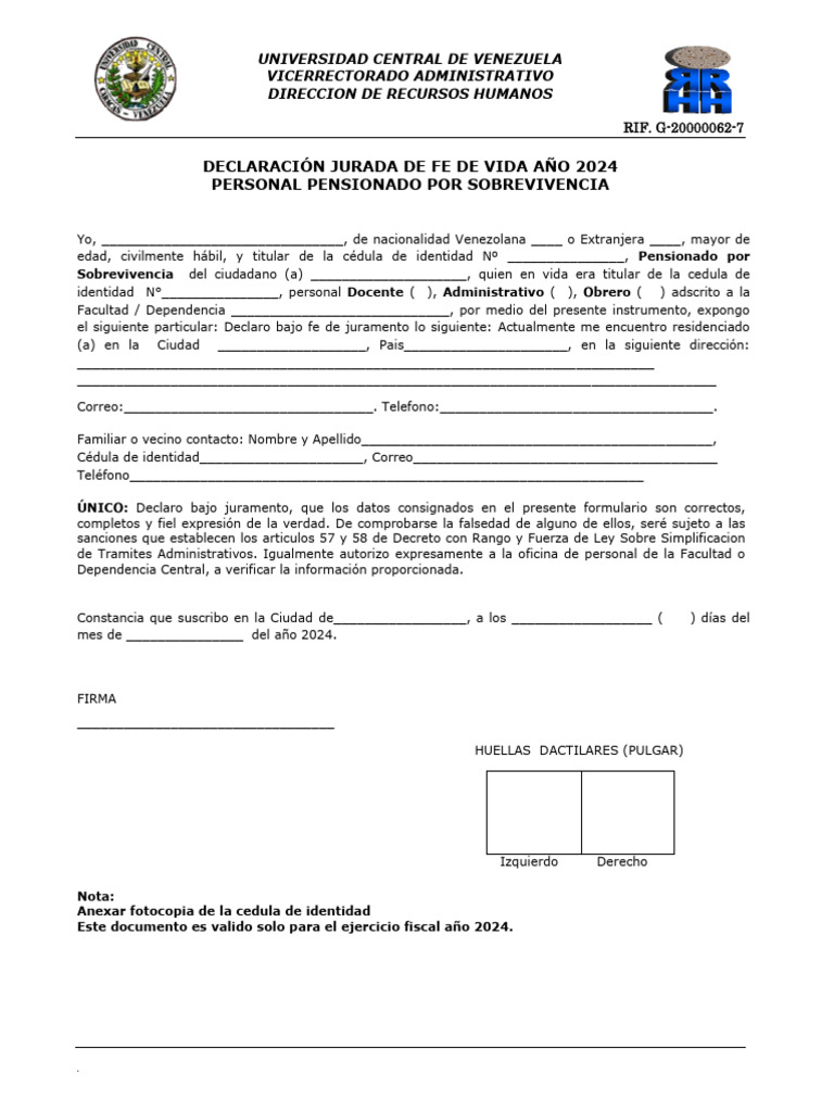 Planilla de Fe de Vida 2024 UCV | PDF | Gobierno | Justicia