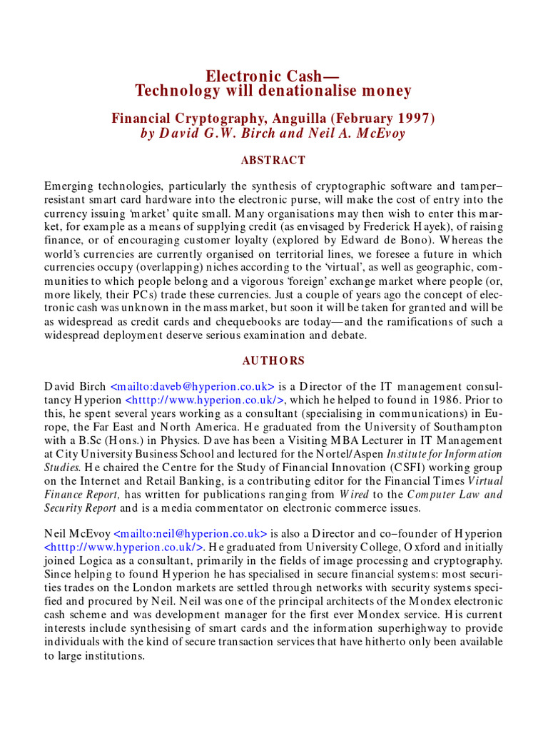 Electronic Cash | PDF | Cash | Money