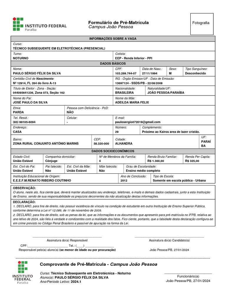 Formulario de Pre Matricula | PDF