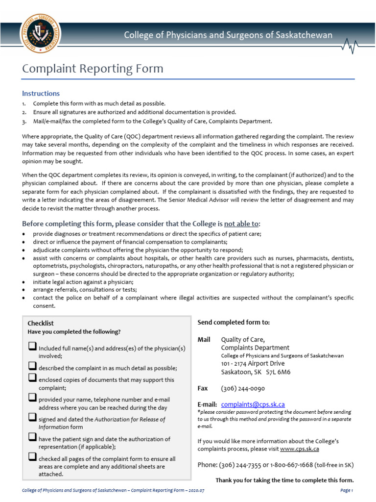 Complaint Reporting Form | PDF | Health Professional | Physician