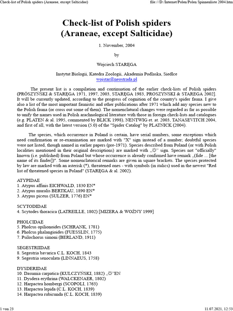 88 - Check-list of Polish spiders | PDF | Spider | Arthropods